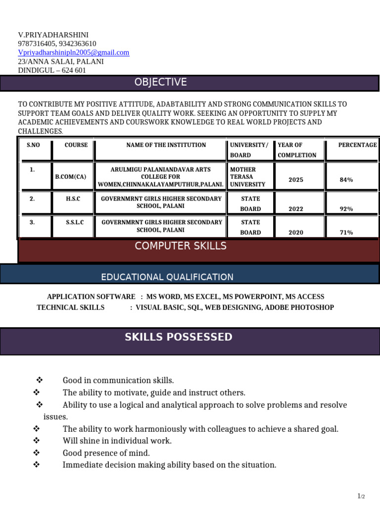 Priya Resume 223456 | PDF | Knowledge | Microsoft Access