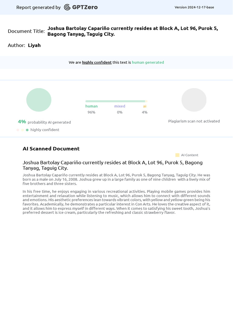 GPTZero AI Scan - Joshua Bartolay Capariño Currently Resides at Block A ...
