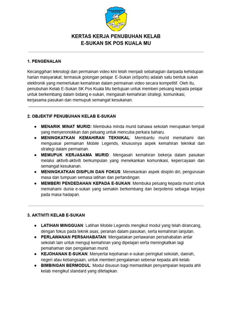 Kk Penubuhan Sukan Permainan E Sukan Pdf