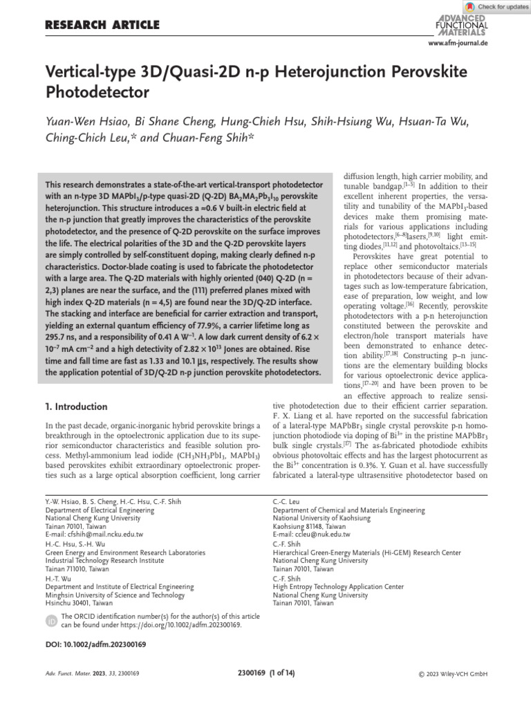 Adv Funct Materials - 2023 - Hsiao - Vertical‐type 3D Quasi‐2D n‐p Heterojunction Perovskite ...