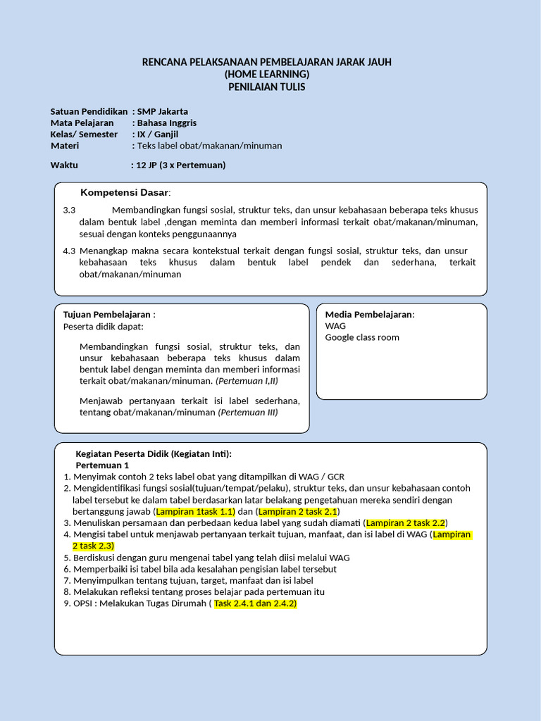 Rpp Inspiratif Pjj Bing Kelas Ix Kd 3.3 & 4.3 | PDF