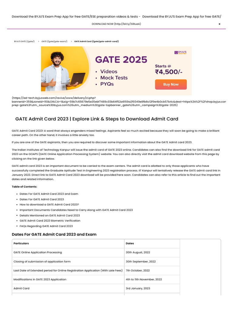 GATE Admit Card 2023 Explore Link & Steps to Download Admit Card | PDF ...