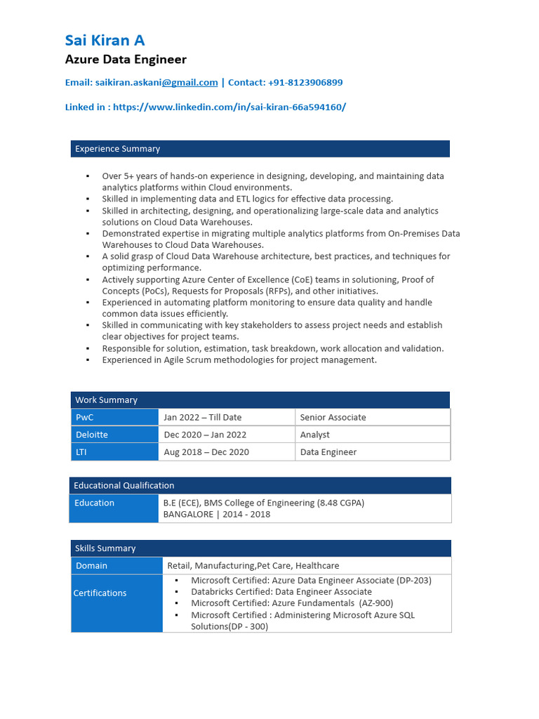 Azure Data Engineer Resume | PDF | Microsoft Azure | Databases
