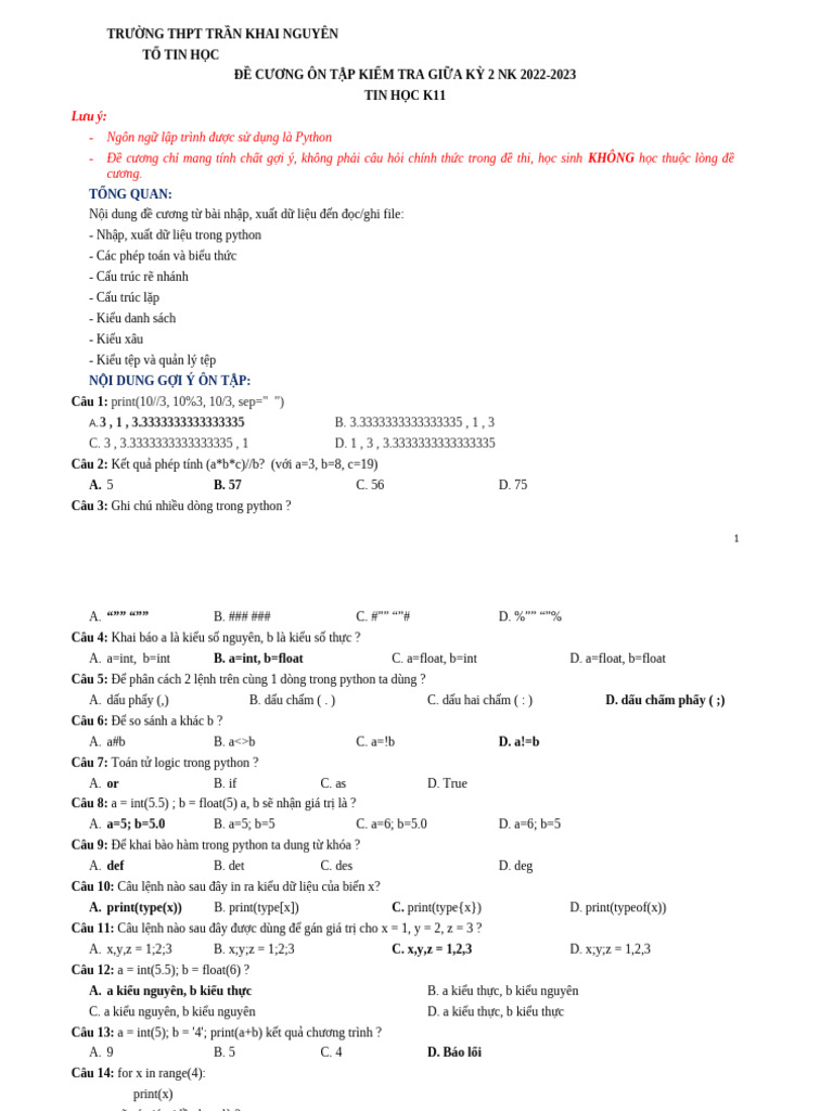 Tin 11 de Cuong On Tap KT Hkii 2022 2023 | PDF