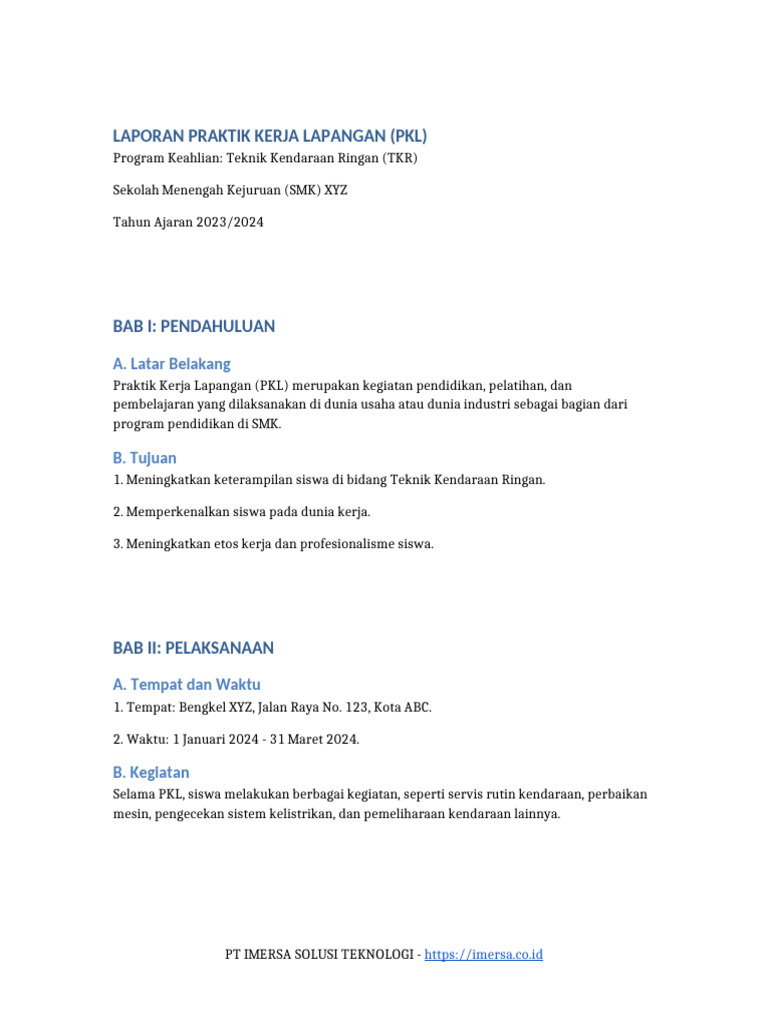Contoh Laporan PKL SMK TKR | PDF