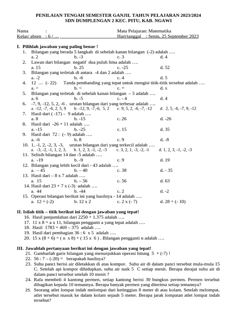 SOAL PTS MATEMATIKA Kelas 6 | PDF