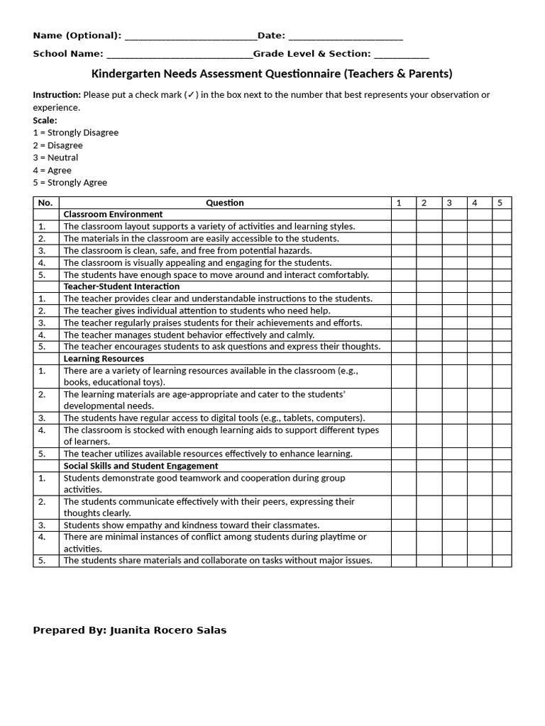 Kindergarten Questionnaire | PDF | Classroom | Learning
