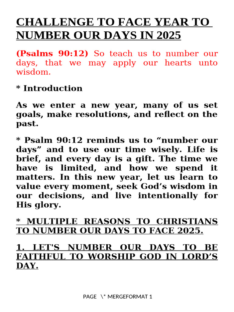 Challenge To Face Year To Number Our Days in 2025 | PDF | Religious ...