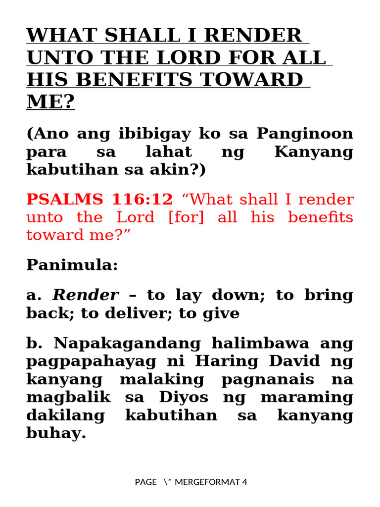WHAT SHALL I RENDER UNTO THE LORD FOR ALL HIS BENEFITS TOWARD ME | PDF ...