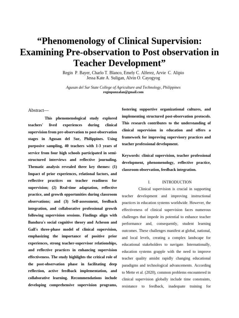 Phenomenology of Clinical Supervision Examining Pre-Observation To Post Observation in Teacher ...