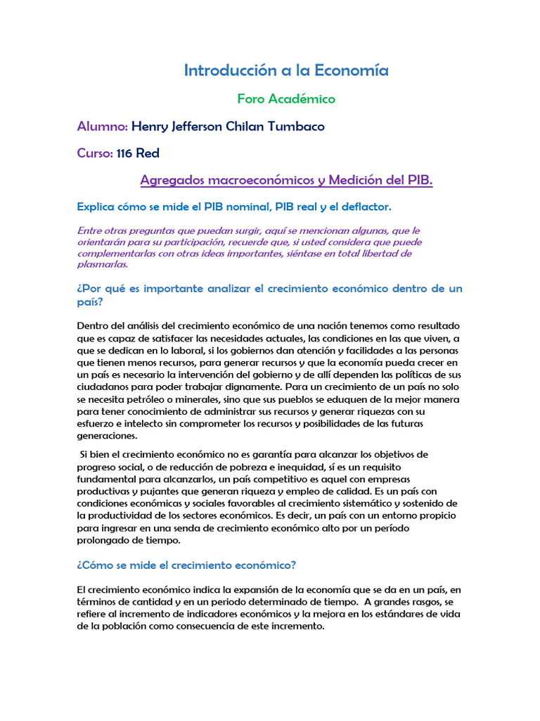 Foro introducción a la Economía | PDF | Producto Interno Bruto | Crecimiento económico