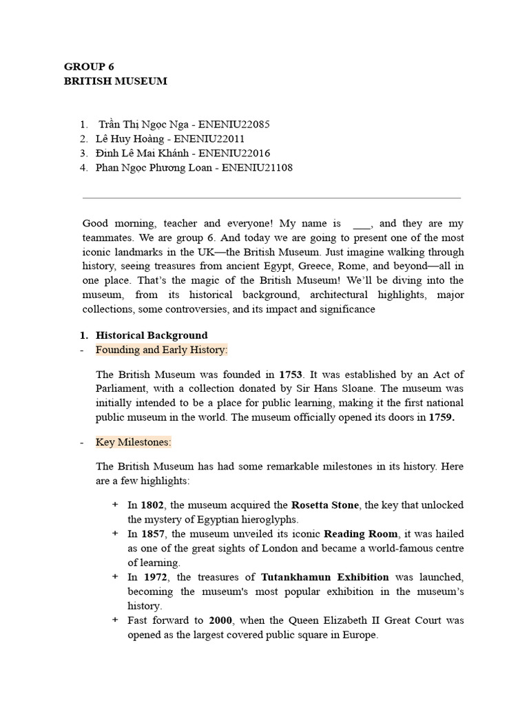G02 - T06 - British Museum - Script - Loan Phương | PDF | British ...