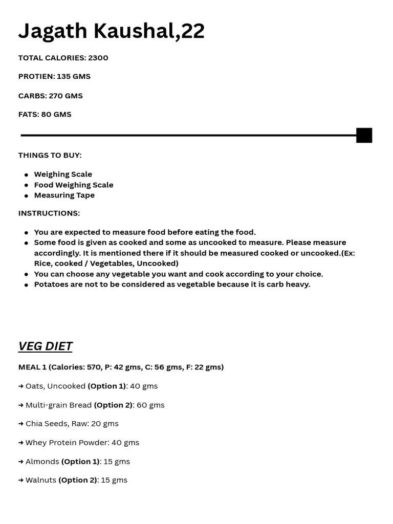 Jagath Kaushal, 22 Veg Diet Plan | PDF | Meal | Foods