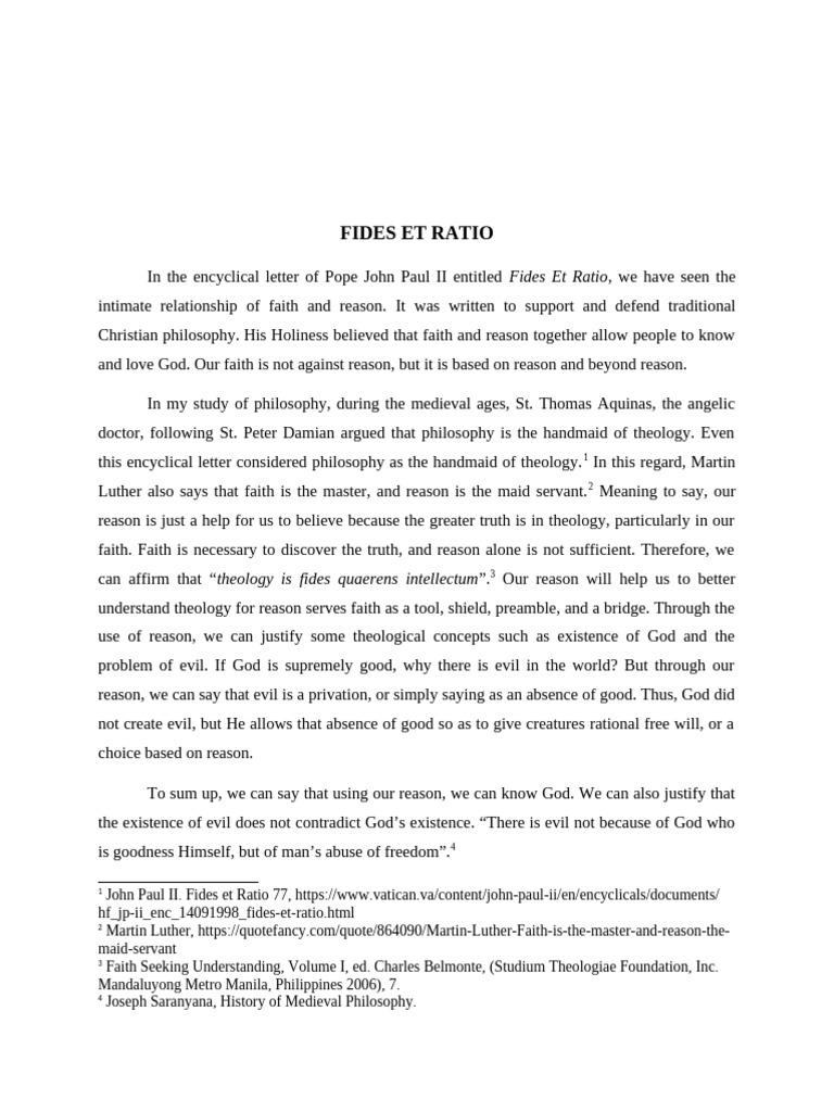 Fides Et Ratio Reflection | PDF | Faith | Reason