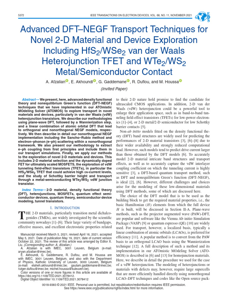 Afzalian et al. - 2021 - Advanced DFT–NEGF Transport Techniques for Novel 2 | PDF | Density ...
