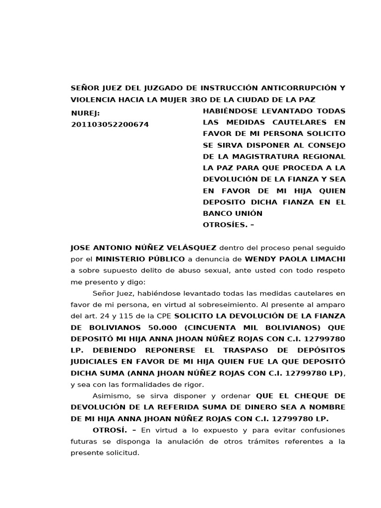 SOLICITA DEVOLUCION DE FIANZA | PDF