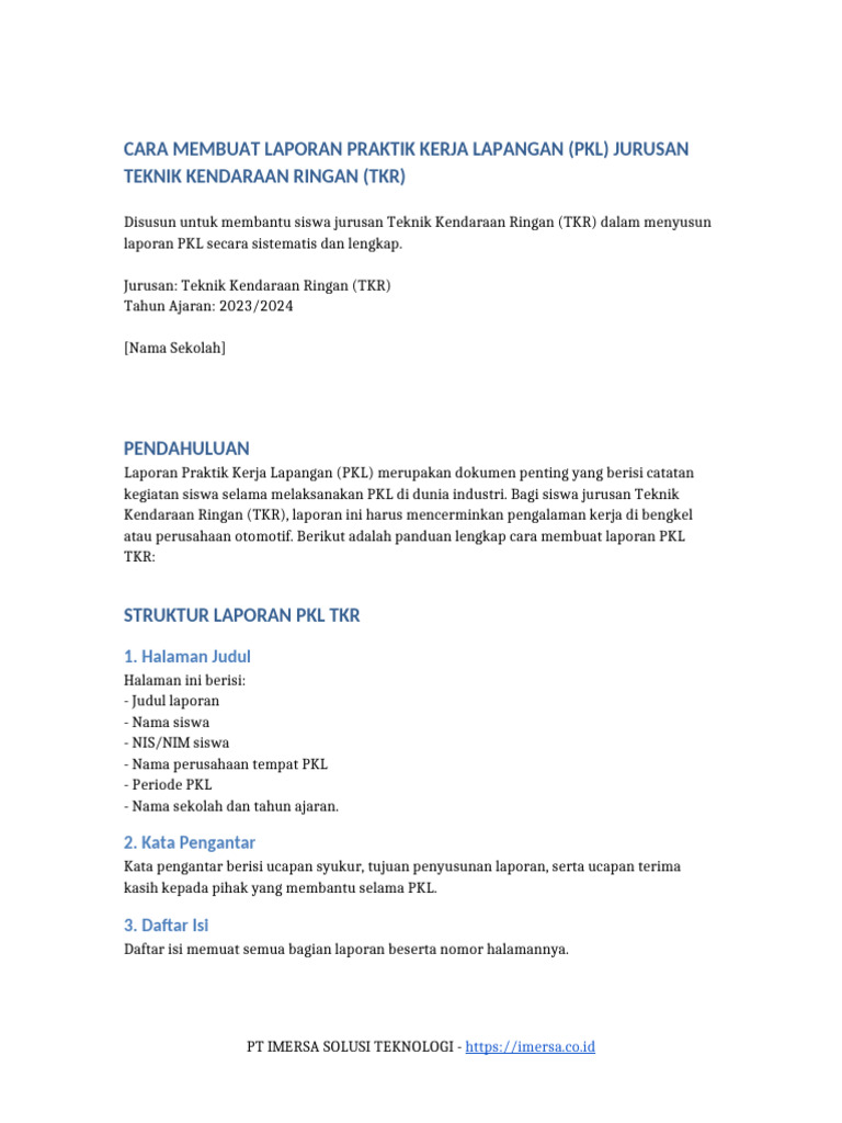 Panduan Laporan PKL TKR 2023/2024 | PDF