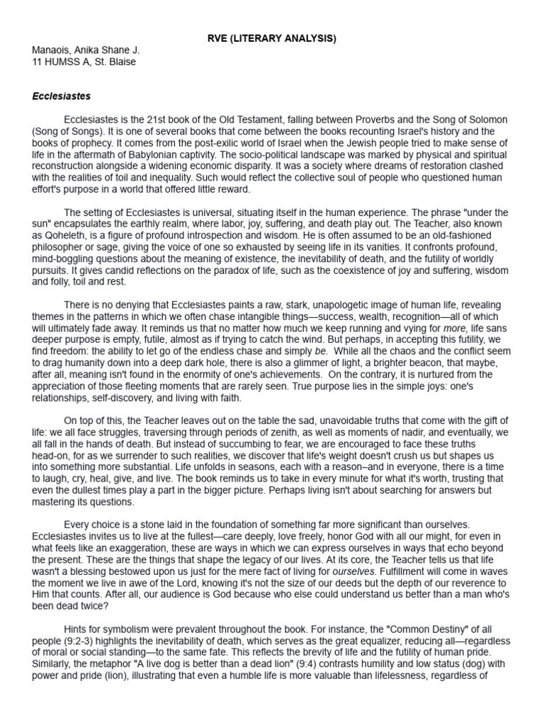 Rve Literary Analysis Q2 | PDF | Ecclesiastes | Bible