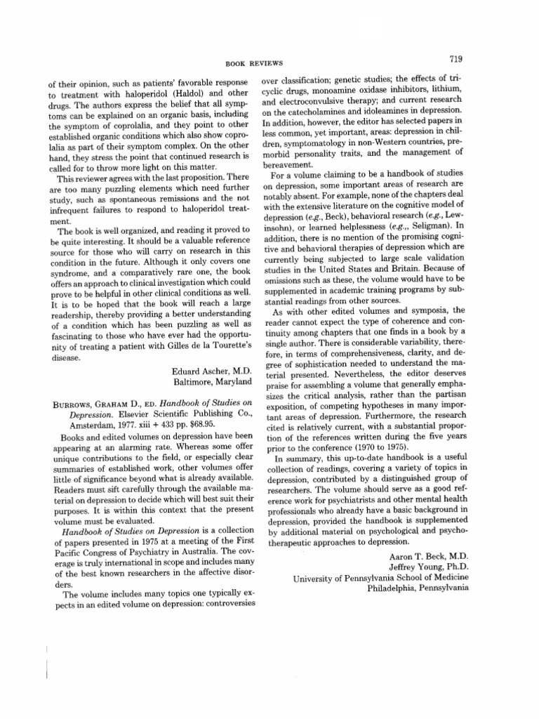 Book Review. Burrows Graham D, Handbook of Studies On Depression, Aaron ...