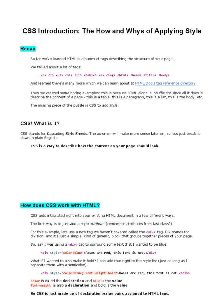 Css Introduction The How And Whys Of Applying Style Recap Pdf Html Element Cascading