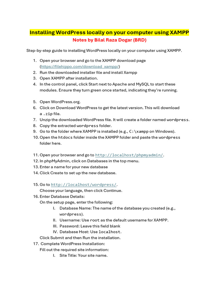 Installing WordPress Locally On Your Computer Using XAMPP | PDF | Word Press | Apache Http Server
