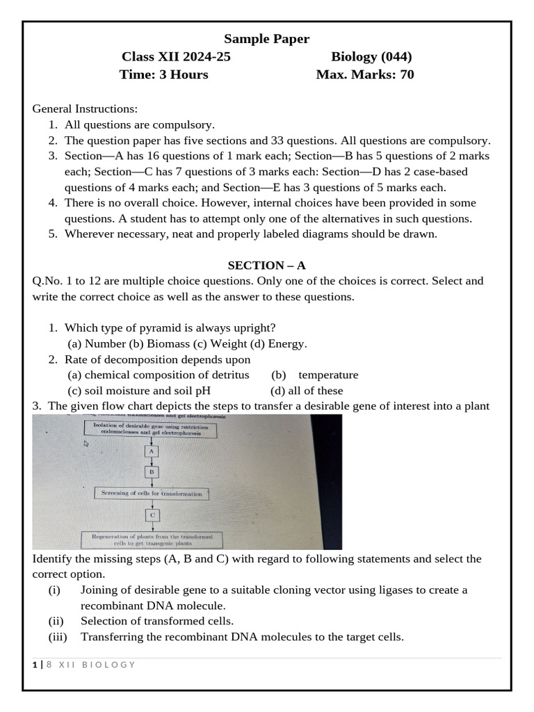 Sample Paper XII BIO | PDF | Dna | Molecular Cloning