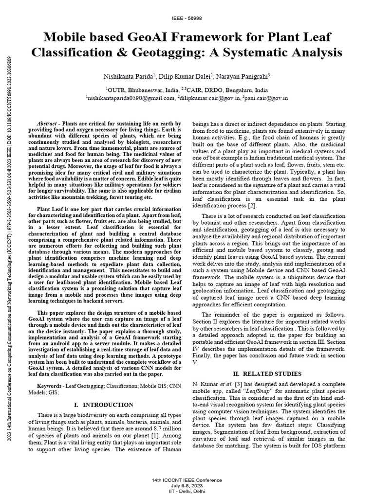 Mobile Based Geoai Framework For Plant Leaf Classification Amp Geotagging A Systematic Analysis