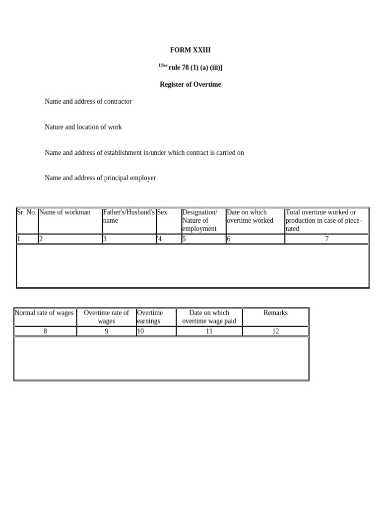 Form XXIII - CLRA - Overtime Register | PDF