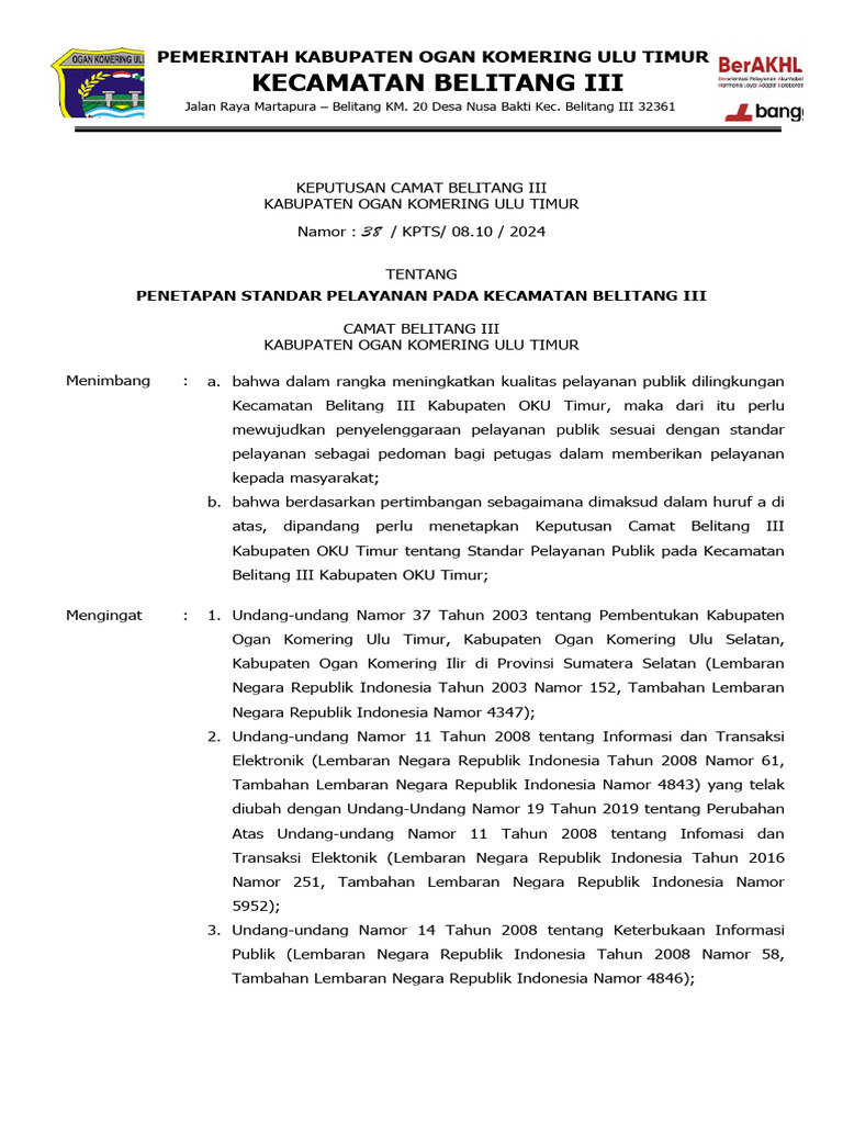 SK Standar Pelayanan 2024 - Belitang Iii-20240517152752 | PDF