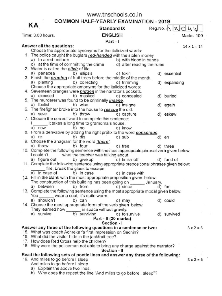 9th STD Half Yearly English 2019 Question Paper | PDF