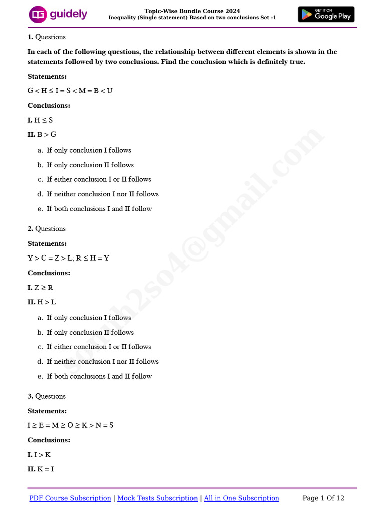 Inequality (Single Statement) Based On Two Conclusions Set - 1 | PDF | Logic | Mathematical Logic