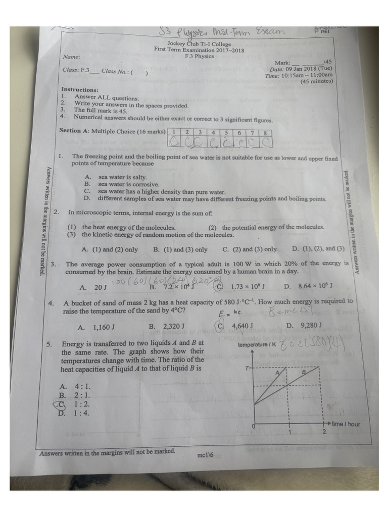 Jockey Club College 1st Term Exam f3 Physics | PDF