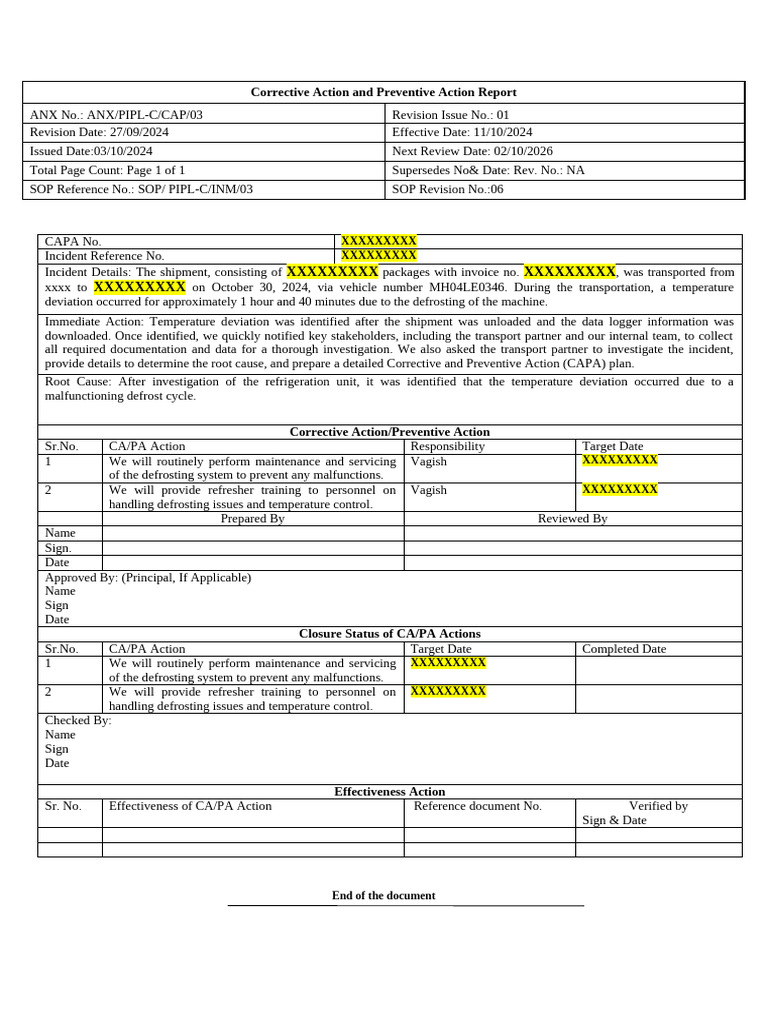 CAPA Report for Temperature Deviation | PDF