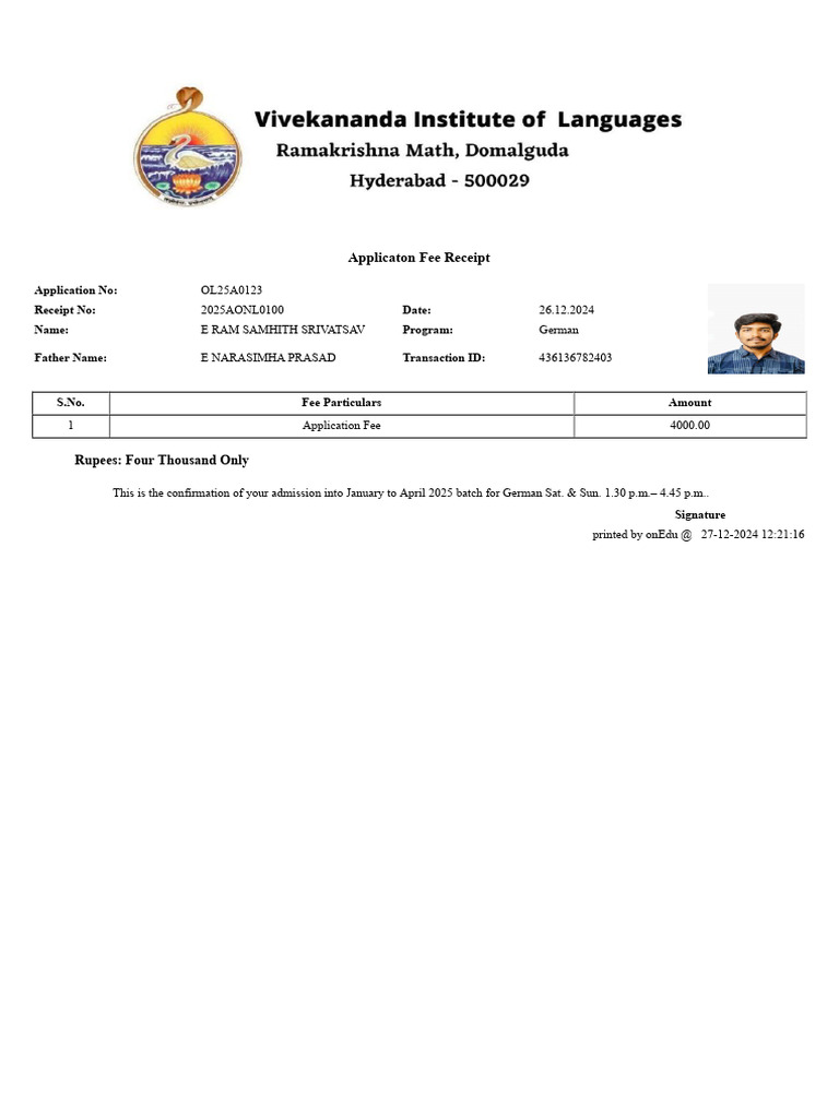RK Math Online Admission Confirmation 2025 | PDF