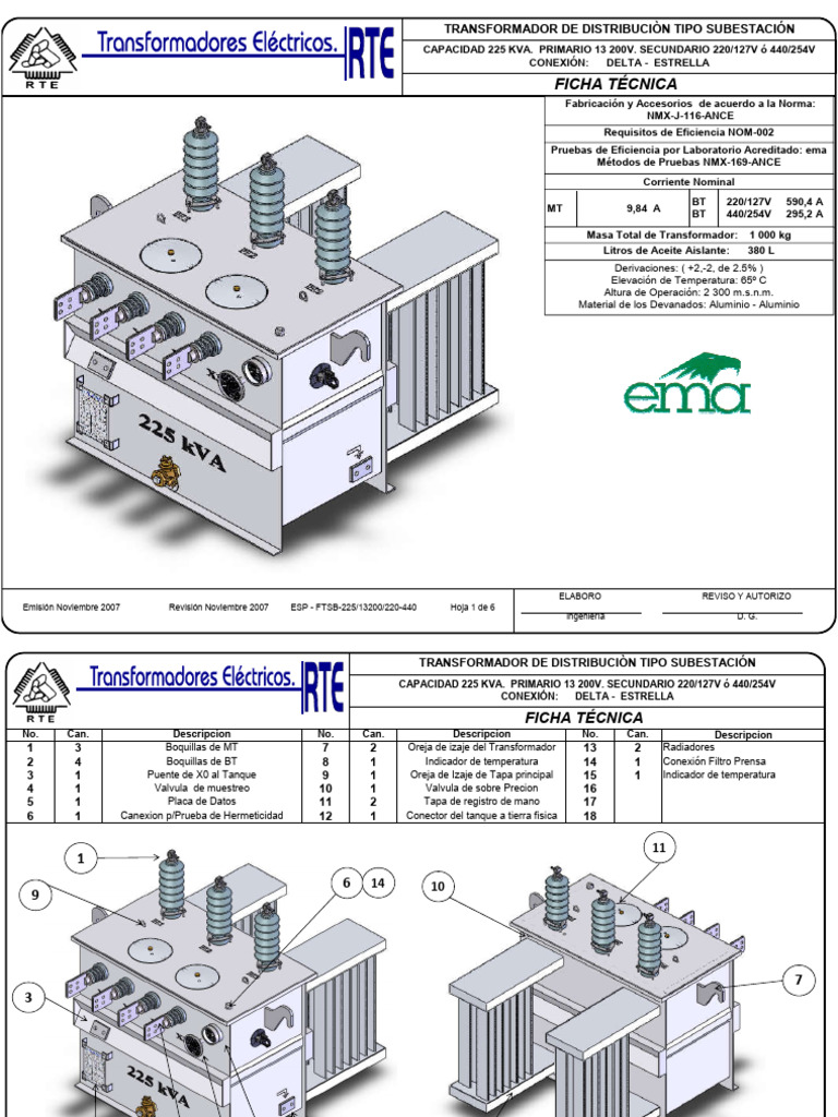 Ficha Técnica: Transformador de Distribuciòn Tipo Subestación | PDF | Transformador | Electricidad