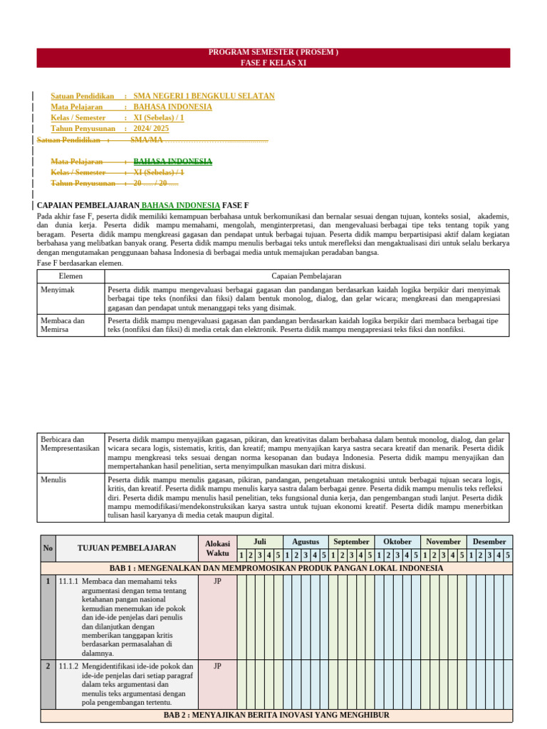 PROSEM - Bahasa Indonesia 11 | PDF