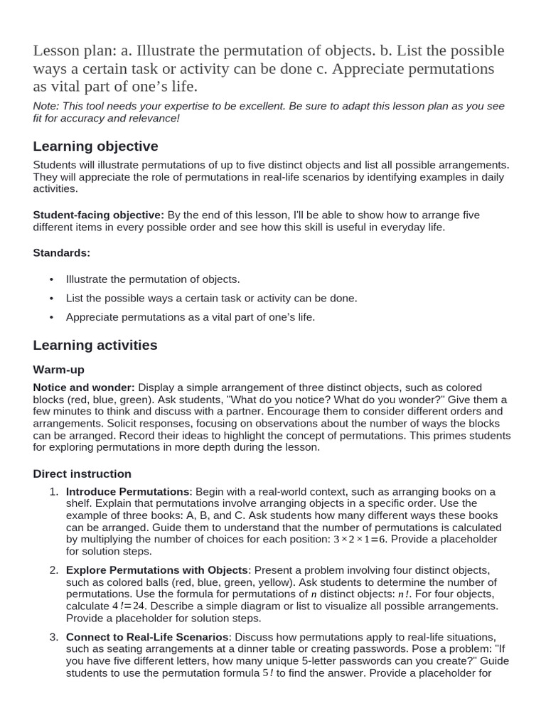 Lesson Plan A Illustrate The Permutation Of Objects B List The Possible Ways A Certain Task