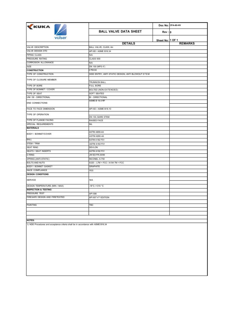 VALSER - Ball Valve Datasheet CFA-600-RF | PDF | Valve | Hydraulics