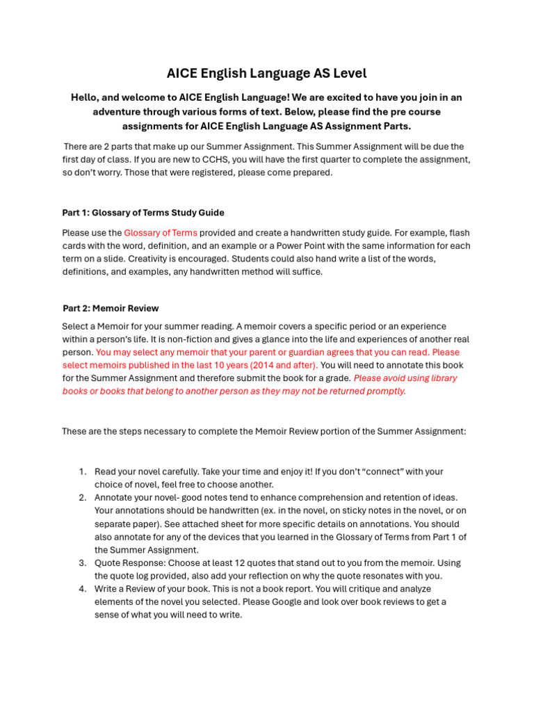 AICE English Language_SummerAssignment | PDF | Verb | Part Of Speech