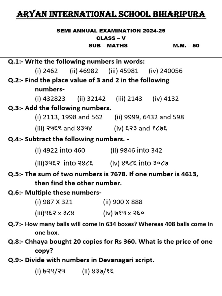 Aryan International School Class-5th (Maths) | PDF | Mathematical Notation | Number Theory