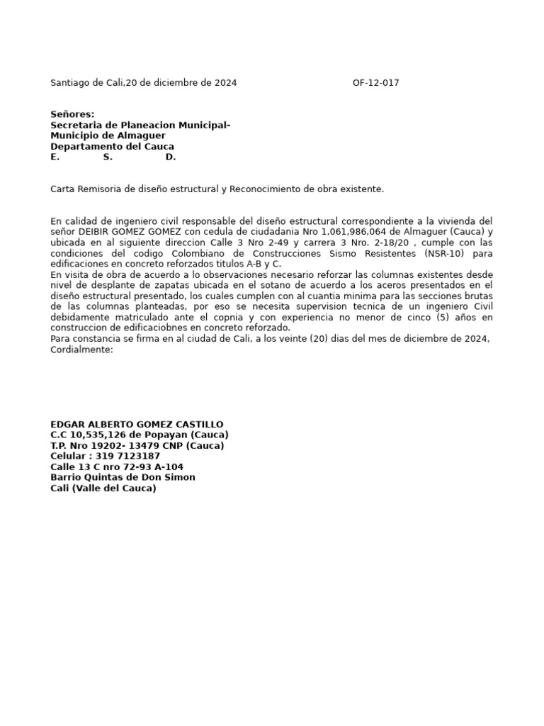Carta Remision Diseños Hotel Deiber Gomez Gomez en Almaguer Cauca Dic ...