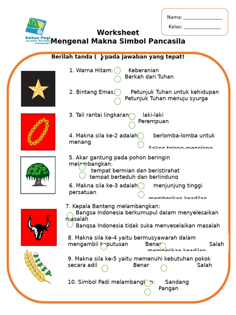 Worksheet Mengenal Makna Simbol Pancasila: Berilah Tanda Pada Jawaban ...