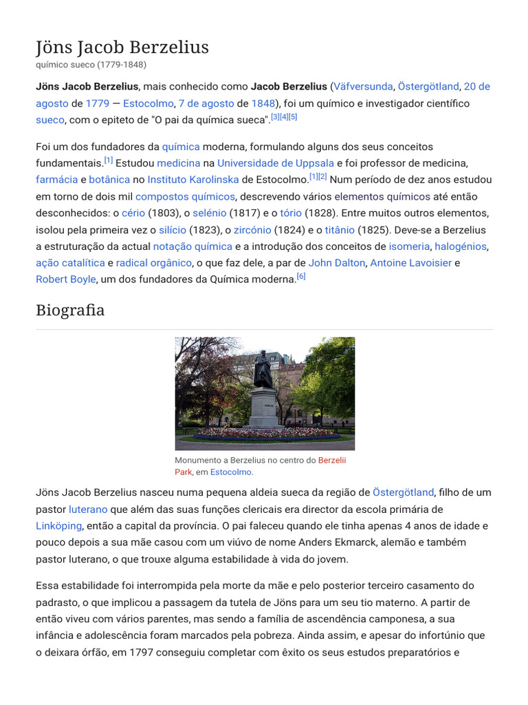Jöns Jacob Berzelius – Wikipédia, A Enciclopédia Livre | PDF | Química ...