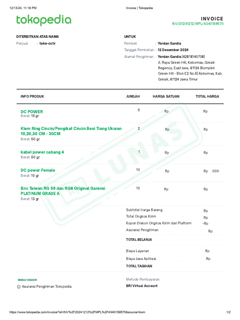 Invoice _ Tokopedia_CCTV_RT03_tambahan (1) | PDF