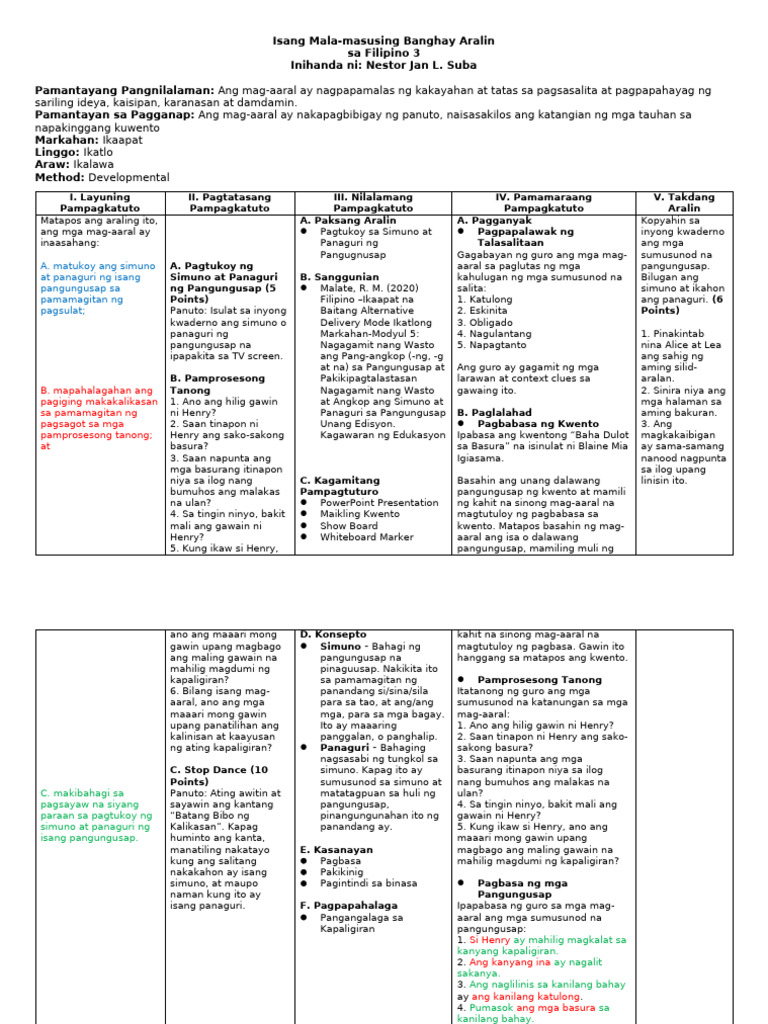 Lesson Plan in Filipino 3 - Simuno at Panaguri | PDF