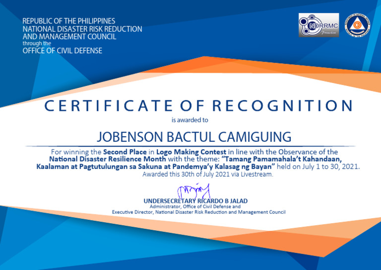 Certificate of Recognition 2nd Place - JOBENSON BACTUL CAMIGUING | PDF