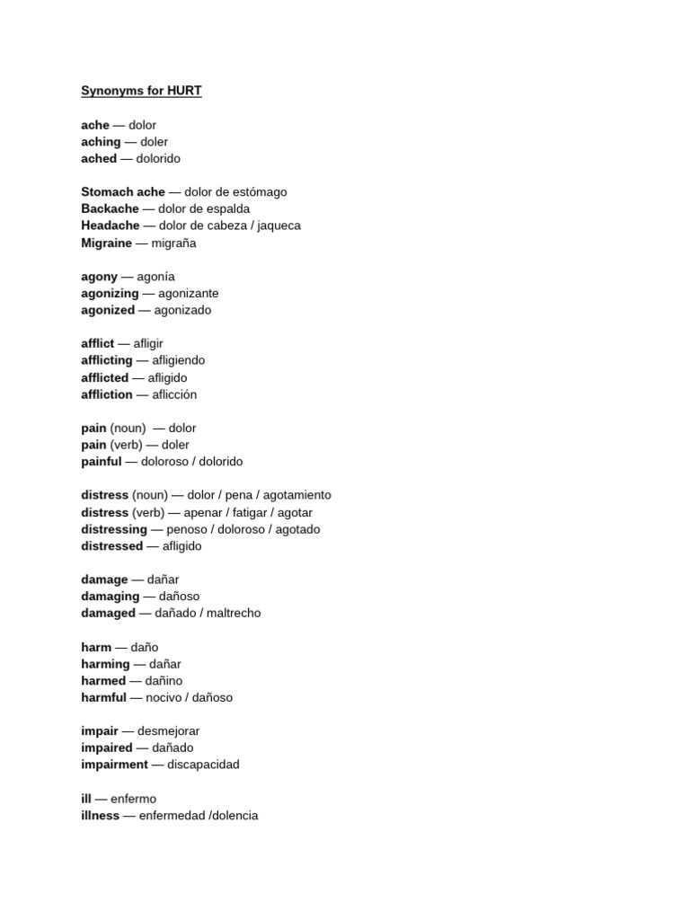 HURT Synonyms | PDF | Sensación | Emergencias Médicas