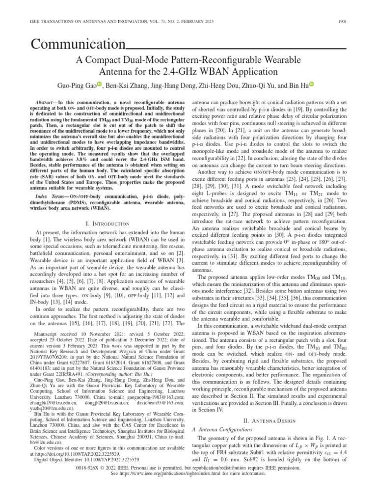 A Compact Dual-Mode Pattern-Reconfigurable Wearable Antenna For The 2.4 ...