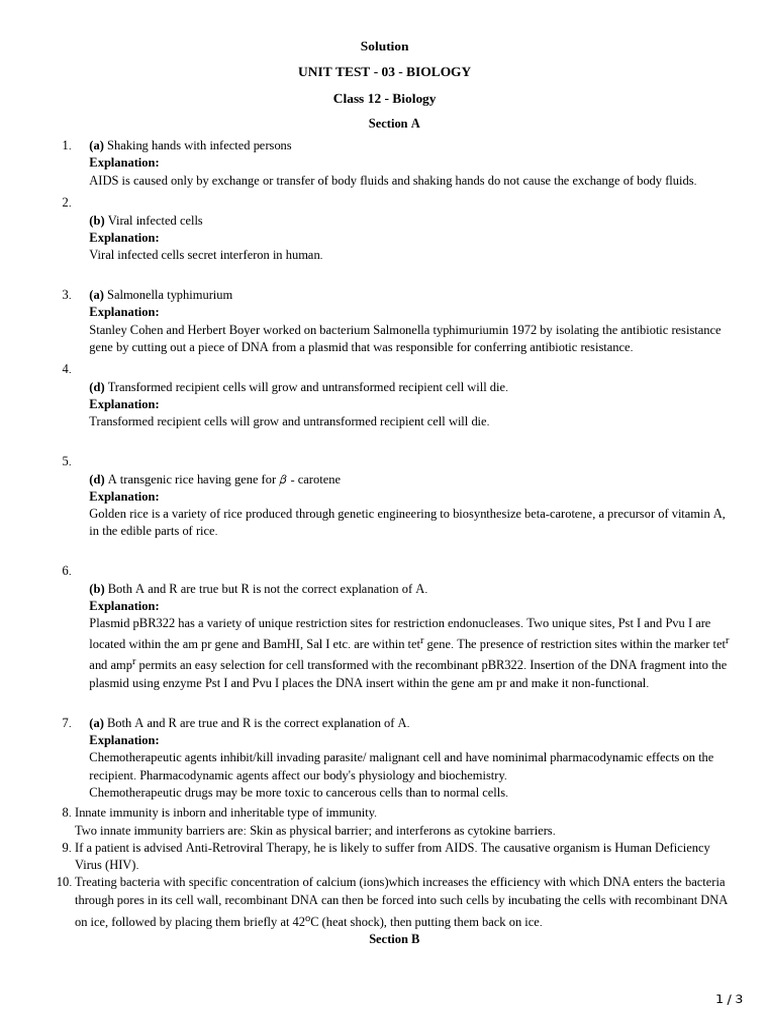 Biology - Unit Test - 03 - Solution | PDF | Polymerase Chain Reaction ...