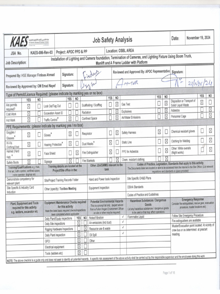 Job Safety Analysis for Lighting Installation | PDF | Crane (Machine ...